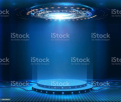 미래지향적인 빈 무대 현대 미래 배경 기술 공상 과학 인테리어 개념 제품을 표시하기 위한 연단 미래 지향적 인 사이버 펑크 개념 Ui Ux Kit Gui에 대한 서클 프리젠