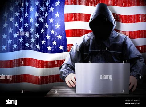 Anonymous Hooded Hacker Flag Of United States Of America Binary Code Cyber Attack Concept