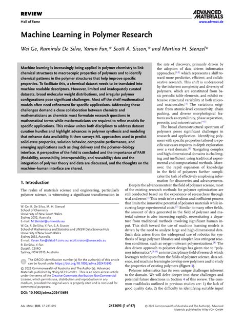 Pdf Machine Learning In Polymer Research