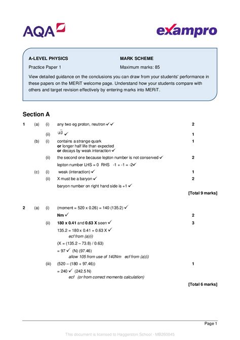 AQA A Level Physics Paper 1 Question Paper Mark Scheme 2022