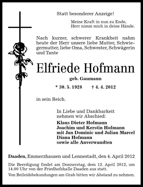 Traueranzeigen Von Elfriede Hofmann Rz Trauerde