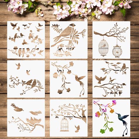 8 Pieces Birds Stencils Bird Tree Branches Stencil Flying Bird Painting