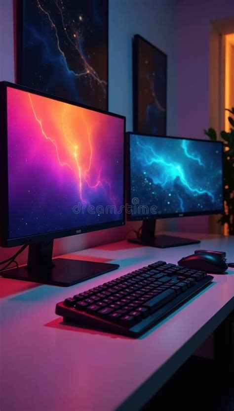 Sleek Modern Workstation Multiple Monitors Keyboards Dual Monitor Clean Stock Illustration