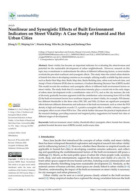 Pdf Nonlinear And Synergistic Effects Of Built Environment Indicators On Street Vitality A