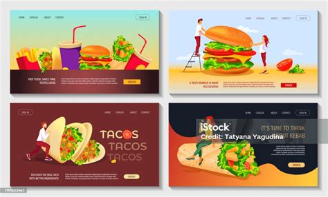 패스트 푸드 요리 카페 및 레스토랑 메뉴 음식 주문 정크 푸드를위한 웹 페이지 디자인 템플릿 세트 햄버거 케밥 타코 햄버거 햄버거 저녁 식사에 대한 스톡 벡터 아트 및 기타