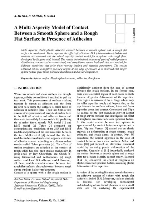 Pdf A Multi Asperity Model Of Contact Between A Smooth Sphere And A Rough Flat Surface In