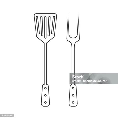 그릴 도구 선 아이콘입니다 주걱을 곁들인 바베큐 포크 고립된 플랫 사인 고기에 대한 스톡 벡터 아트 및 기타 이미지 고기 굽기 금속 Istock