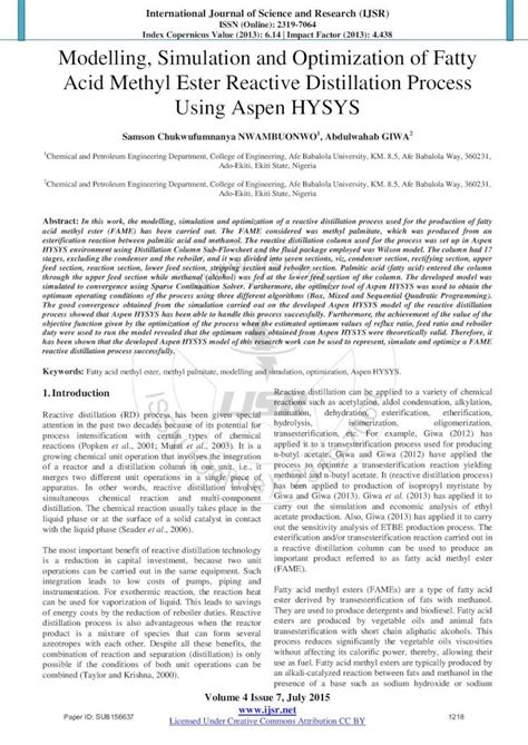 Pdf Modelling Simulation And Optimization Of Fatty Acid Reactive Distillation