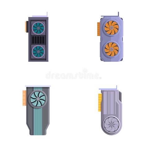 Gpu Card Icons Set Cartoon Vector Computer Graphic Card With Cooling Fan Stock Vector