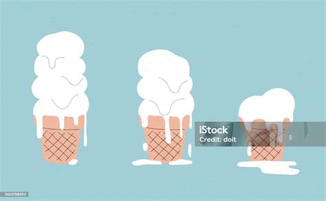 아이스크림은 3 단계로 녹습니다 애니메이션 시퀀스 떨어지는 흰색 아이스크림 세트입니다 와플 콘에 아이스크림 공이 흘러 내립니다 평면 벡터 그림입니다 질감이 있는 손으로 그린