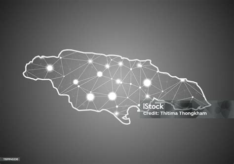 자메이카지도의 벡터 와이어 프레임 메쉬 다각형 전역 연결 구조를 추상화합니다 선과 점으로 연결된 지도 기하학적 세계 개념입니다 디지털 데이터 시각화 인포그래픽 0명에 대한