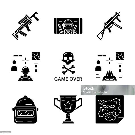 온라인 게임 인벤토리 문말 아이콘 세트 E스포츠 무기 총 3d 및 1 인칭 슈팅 게임에서 게임 오버 지도 트로피 헬멧 모바일 게임 실루엣 기호입니다 벡터 절연 그림 3차원