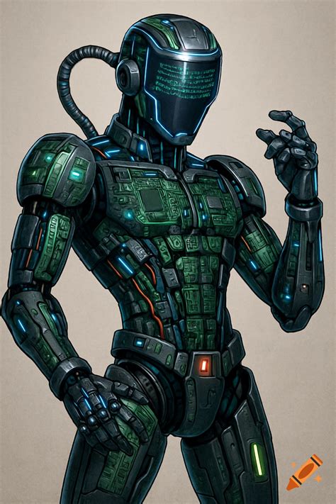A Humanoid Robot In Green And Black Circuit Board Armor With A Code Displaying Visor On Craiyon