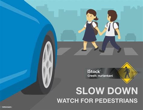 안전 자동차 운전 규칙 속도를 줄이고 보행자 경고 디자인을 주시하십시오 횡단보도에서 길을 건너는 학교 아이들 앞 타이어의 클로즈업 보기 도로에 대한 스톡 벡터 아트 및 기타