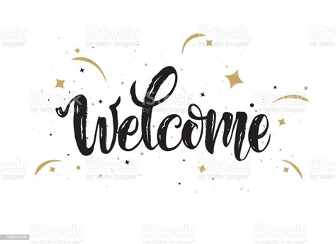 골드 스파클과 검은 글자 텍스트를 환영합니다 손으로 쓴 현대 잉크 브러시 서예 그림입니다 오신 것을 환영합니다 기호 흰색 배경에 격리된 벡터입니다 환영 표지판에 대한 스톡