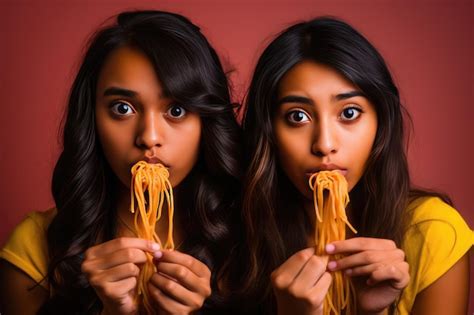 Premium Ai Image Two Girls Enjoy Eating Spaghetti Together