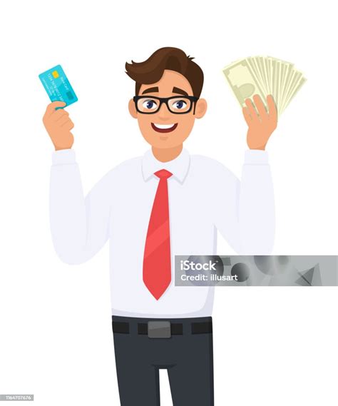 신용 직불 Atm 카드를 보여주는 쾌활한 젊은 사업가 현금 돈 통화 지폐를 손에 들고있는 사람 남성 캐릭터 디자인 일러스트 벡터