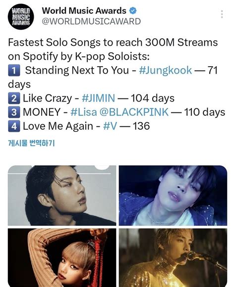 Bts News 방탄소년단 정국 ‘standing Next To You 스포티파이 3억 스트리밍 돌파통산 6곡 보유 뷰어스