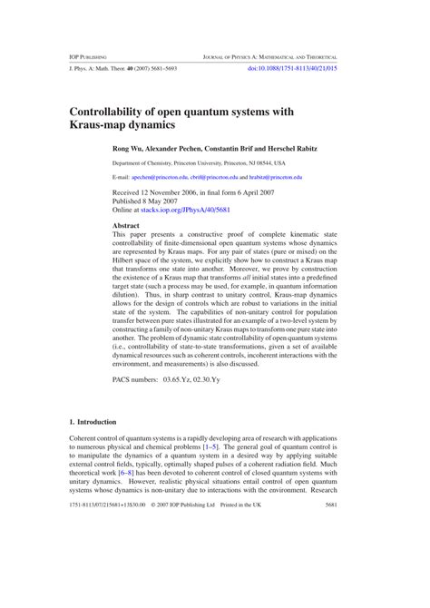 Pdf Controllability Of Open Quantum Systems With Kraus Map Dynamics