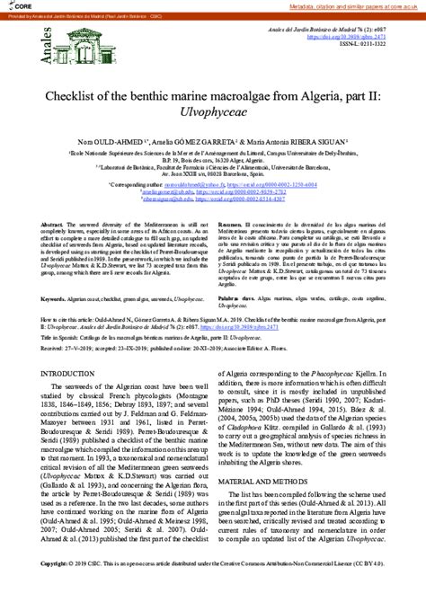Pdf Checklist Of The Benthic Marine Macroalgae From Algeria Part Ii Ulvophyceae