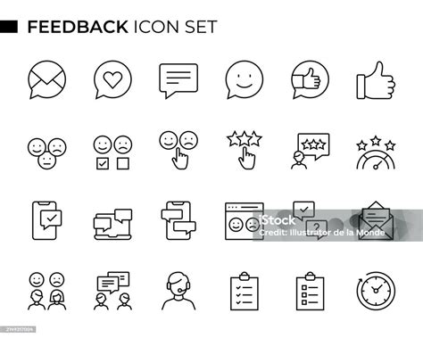 피드백 개념 가는 선 아이콘 세트에는 평가 설문 조사 설문지 만족도 의견 성과 등과 같은 아이콘이 포함되어 있습니다 아이콘에 대한 스톡 벡터 아트 및 기타 이미지 Istock