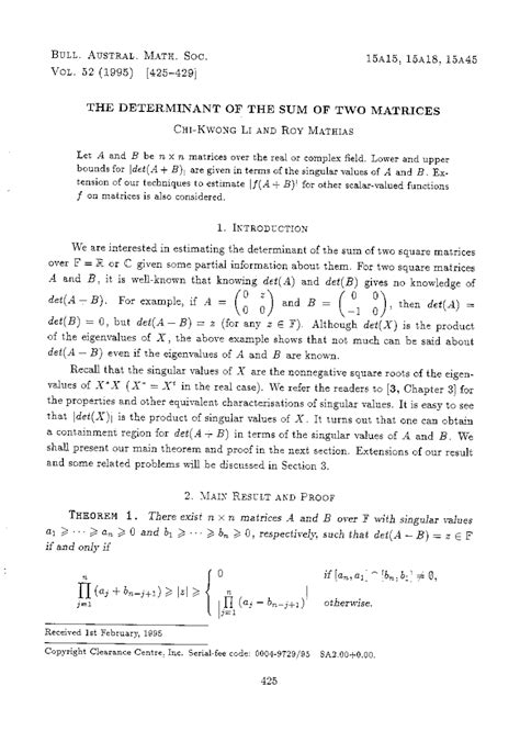 Pdf The Determinant Of The Sum Of Two Matrices Pdf The Determinant Of The Sum Of Two Matrices