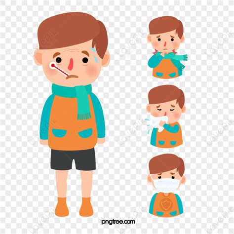 독감 감기 아픈 아이 소년 캐릭터 일러스트 의료 발열 Png 일러스트 무료 다운로드 Lovepik