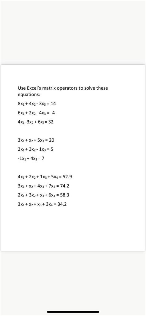 solved use excel s matrix operators to solve these