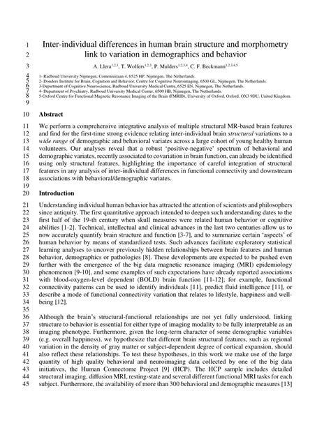 Pdf Inter Individual Differences In Human Brain Structure And Morphology Link To Variation In