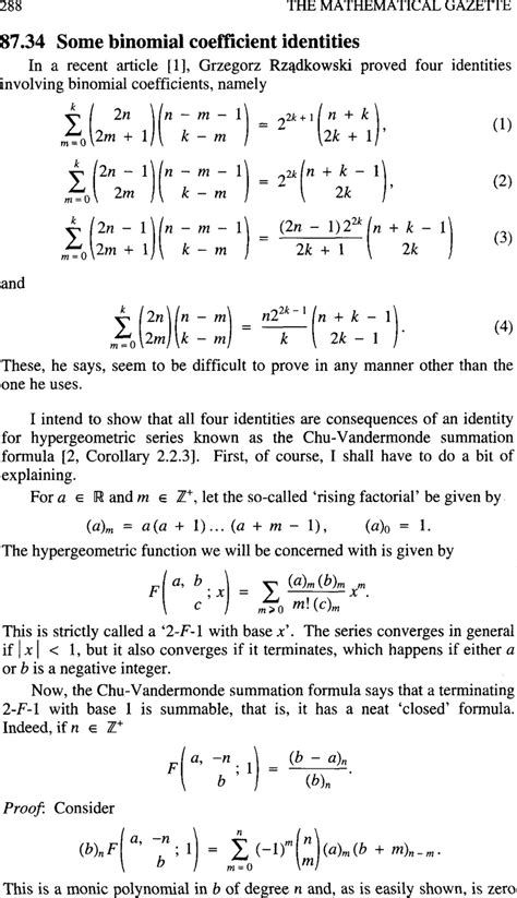 87 34 Some Binomial Coefficient Identities The Mathematical Gazette