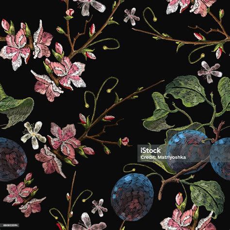 자 수 매 분기 및 완벽 한 핑크 벚꽃 패턴 템플릿 유행 옷 T셔츠 디자인 클래식 자 수 블랙 배경에 매 화와 벚꽃 꽃 꽃 겹