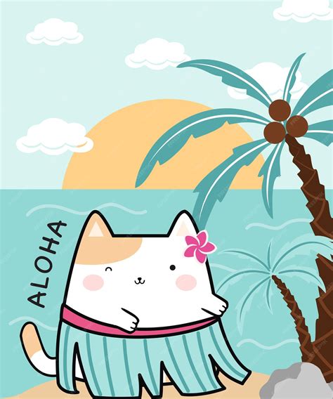 Premium Vector Kawaii Cute Cat Dancing Hawaiian Dance Cartoon Doodle