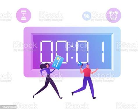 거대한 카운트 다운 스톱워치와 쇼핑 아이콘 주위에 비행 근처 실행 손에 메가 폰과 함께 사람을 따라 신용 카드를 들고 여자 큰 판매 및 구매 지금 캠페인 만화 플랫 벡터