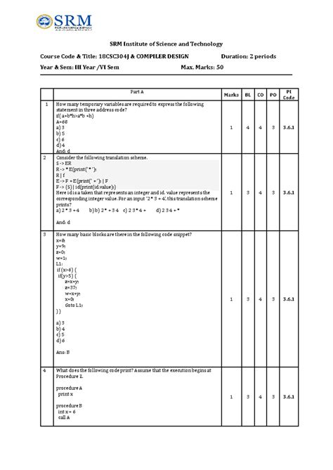 Set A Answer Key Srm Institute Of Science And Technology Course Code