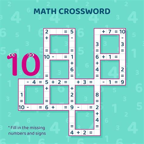 아이들을 위한 수학 크로스워드 퍼즐 덧셈과 뺄셈 10까지 계산 벡터 일러스트 레이 션 프리미엄 벡터