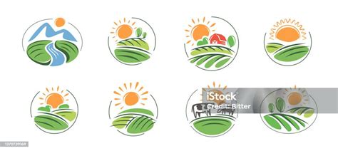 Pertanian Set Logo Pertanian Ladang Pertanian Dan Matahari Koleksi