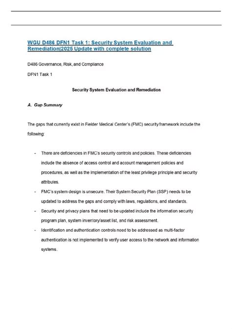 Wgu D486 Dfn1 Task 1 Security System Evaluation And Remediation 2025 Update With Complete