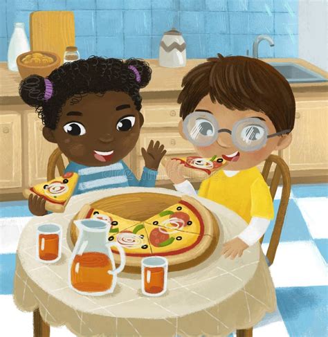 Cena De Desenho Animado Com Menino E Menina Comendo Uma Ilustração