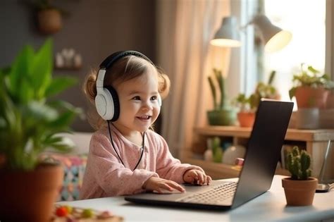 Premium Ai Image Infant Girl Using Laptop Remote Working At Home Office Looking At Computer