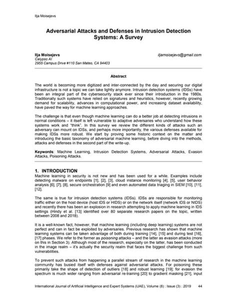 Adversarial Attacks And Defenses In Intrusion Detection Systems A Survey Pdf
