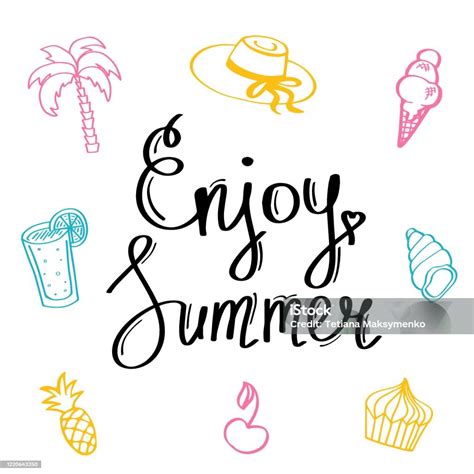 여름을 즐기십시오 다채로운 벡터 일러스트 세트 아이스크림 컵 케이크 레모네이드 파인애플 여름 휴가 및 휴가 영감 따옴표 장식 카드 글자 배너 템플릿입니다 감정에 대한 스톡