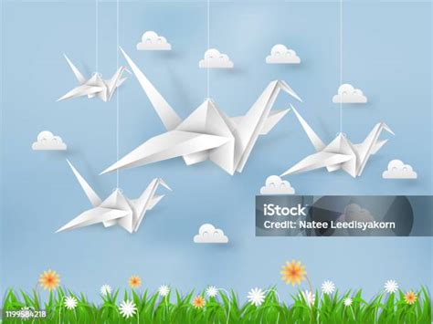 구름 종이 예술과 공예 스타일의 아름다운 환경과 잔디와 꽃의 필드를 통해 푸른 하늘에 비행 흰색 종이 접기 종이 새의 일러스트 벡터 새에 대한 스톡 벡터 아트 및 기타