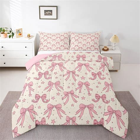 Feelyou Kawaii Bow Bedding Set Girls Bow Comforter Set For