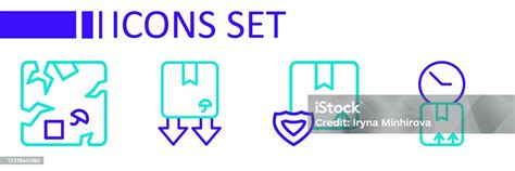 시계 배달 보안 방패 교통 기호 및 깨진 골판지 아이콘과 함께 라인 골판지 상자를 설정합니다 벡터 교통에 대한 스톡 벡터 아트