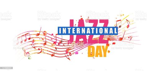 음표가 분리된 국제 재즈의 날 비문 지팡이가 있는 이벤트 축하 포스터 음악 기호가 있는 벡터 재즈 음악 배너 프로모션 전단지 또는 초대장을 위한 예술적인 디자인