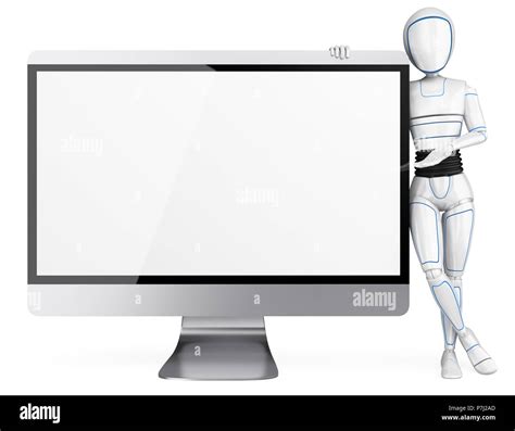 D Futuristic Android Illustration Humanoid Robot Leaning On A Big Blank Screen Isolated White