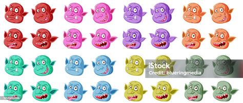 만화 스타일의 다른 표현으로 다채로운 고블린 또는 트롤 얼굴 세트 감정에 대한 스톡 벡터 아트 및 기타 이미지 감정 개념 눈 신체 부분 Istock