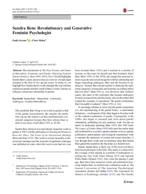 Pdf Sandra Bem Revolutionary And Generative Feminist Psychologist