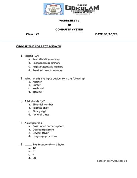 Computer System Worksheet For Class Xi