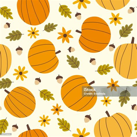 호박 완벽 한 패턴입니다 추수 감사절 배경입니다 호박 도토리 꽃 가을 잎이 있는 가을 패턴 벡터 일러스트 레이 션 10월에 대한 스톡 벡터 아트 및 기타 이미지 Istock